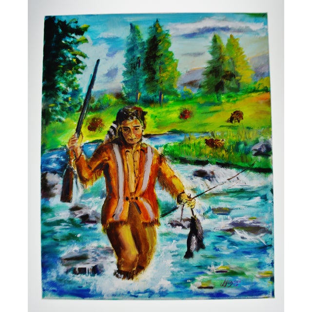 Native American Fishing Oil on Canvas | Chairish