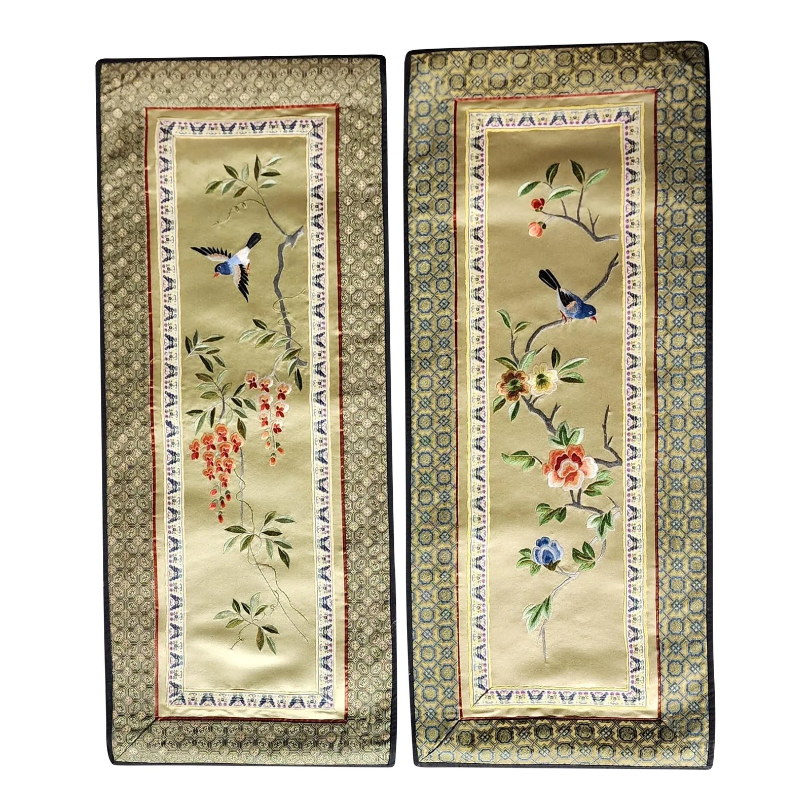 Pair of Contemporary Chinese Fine Silk Needlework Floral Panels | Chairish