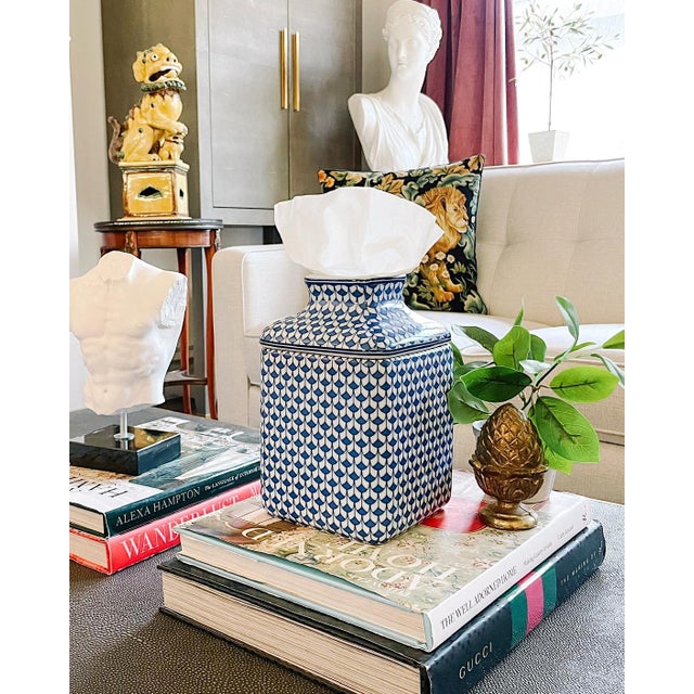 Contemporary Blue & White Fishnet Ceramic Tissue Box Cover | Chairish