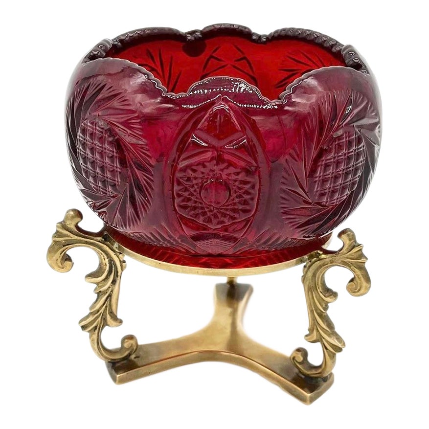 Vintage Fenton Red Glass Bowl With Brass Stand | Chairish