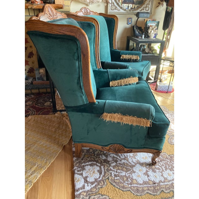 Pair of Custom Large Wingback Chairs Emerald Green Velvet Oak SeaShell ...