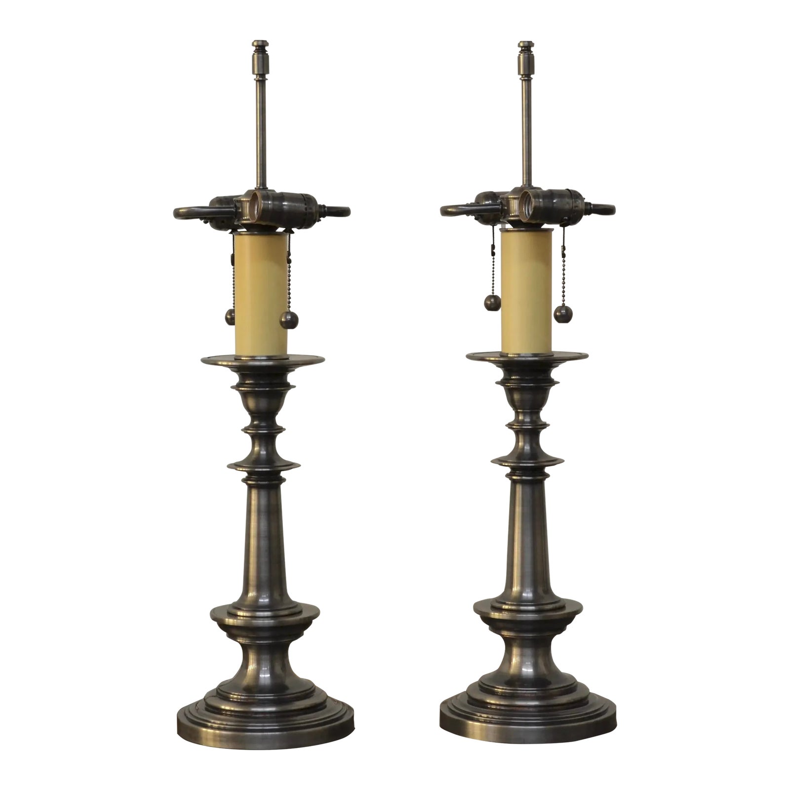 English Style Candlestick Lamps in Pewter Finish - A Pair | Chairish