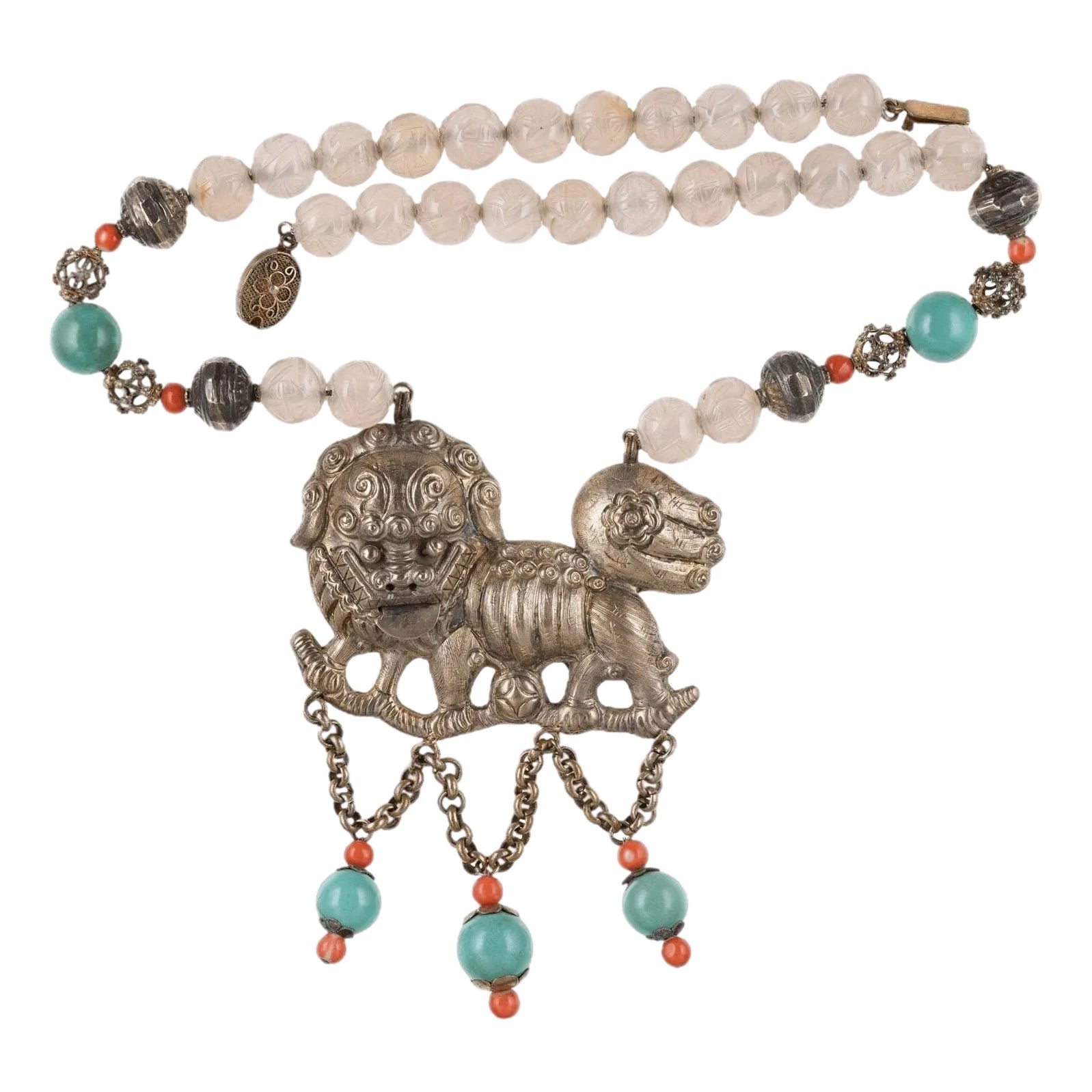 Antique Chinese Foo Lion Silver Repousse Necklace With Carved Rose ...