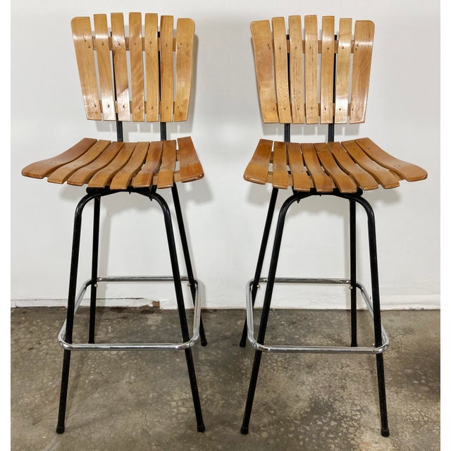 Vintage Arthur Umanoff Style Slatted Teak Wood and Iron Bar Stool - Per ...