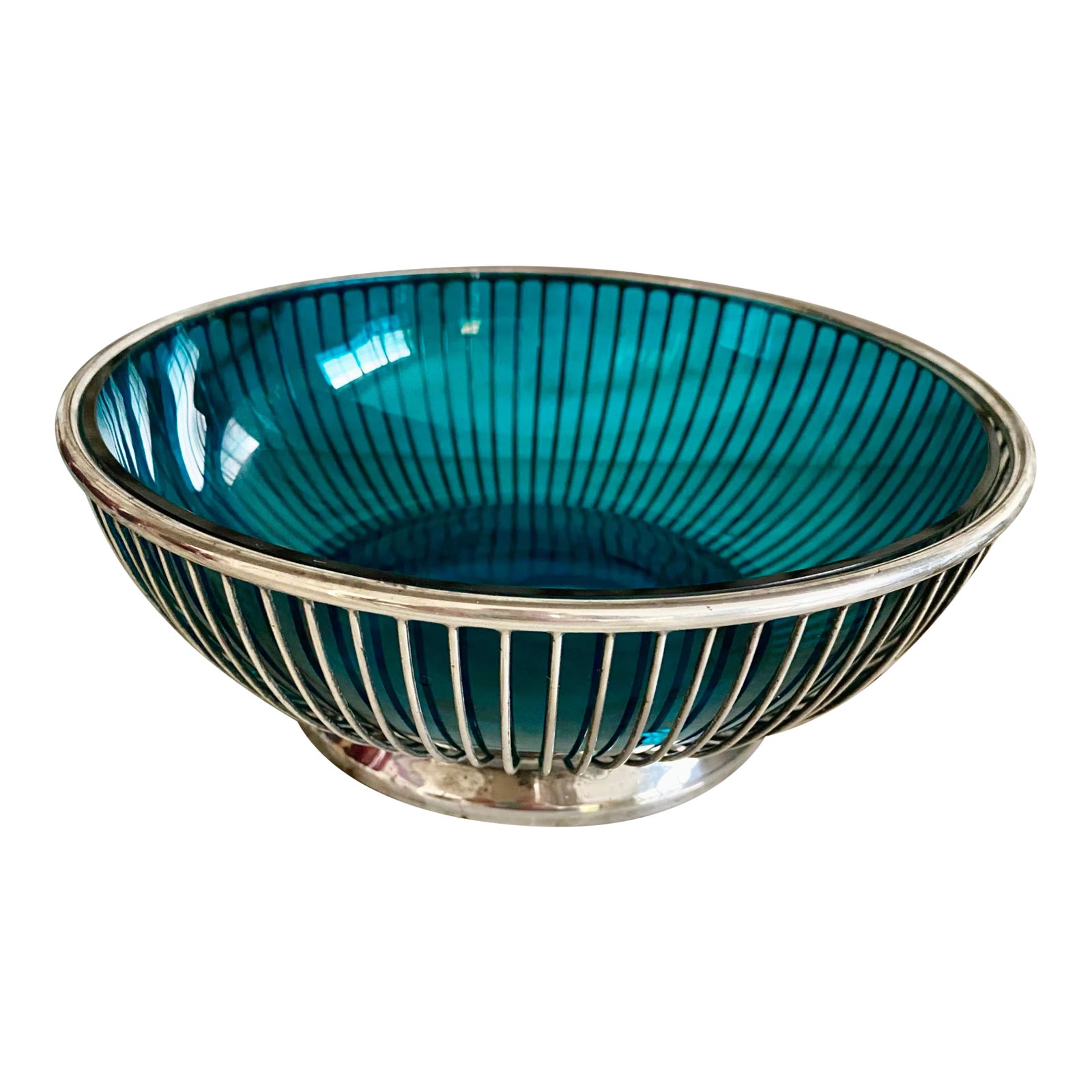 Silver-Plate Teal Glass Bowl | Chairish