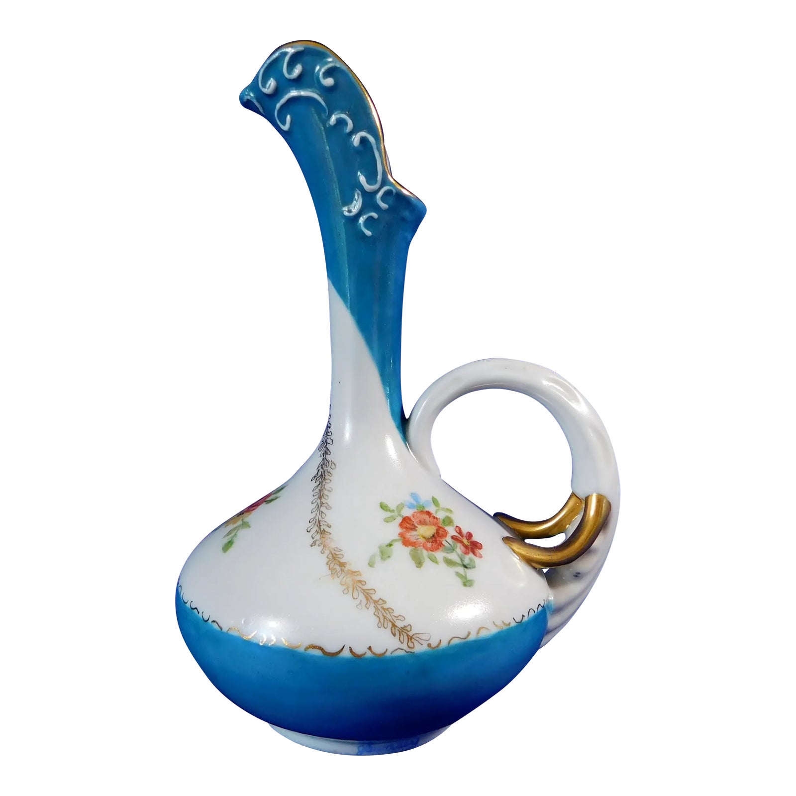 Small Vintage French Blue & White Floral Gold Trim Ceramic Syrup Oil ...