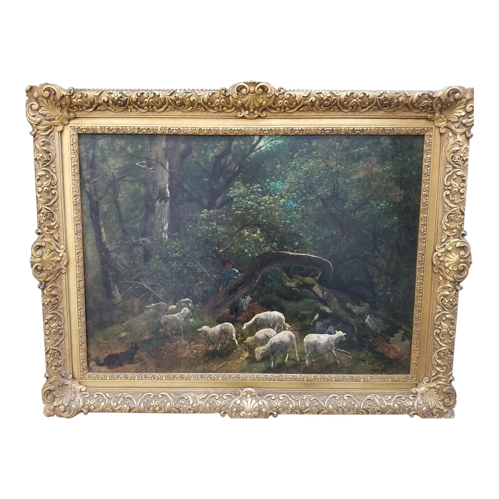 19th C Landscape Oil Painting With Shepard & Herd of Sheep by Mystery ...