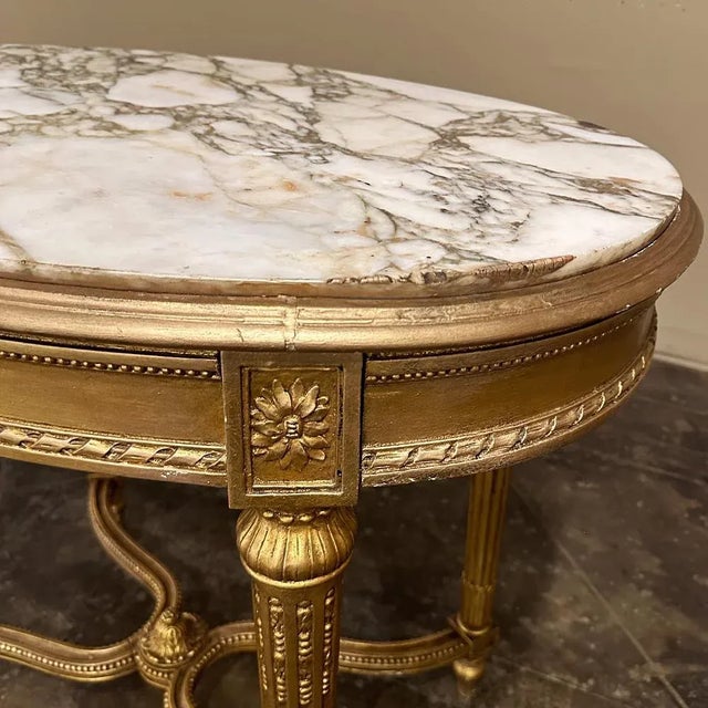 19th Century French Louis XVI Giltwood Marble Top Oval End Table | Chairish