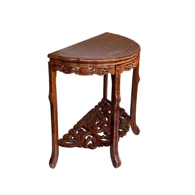 Chinese Brown Flower Carving Wood 2 Half Side Round Pedestal Table ...