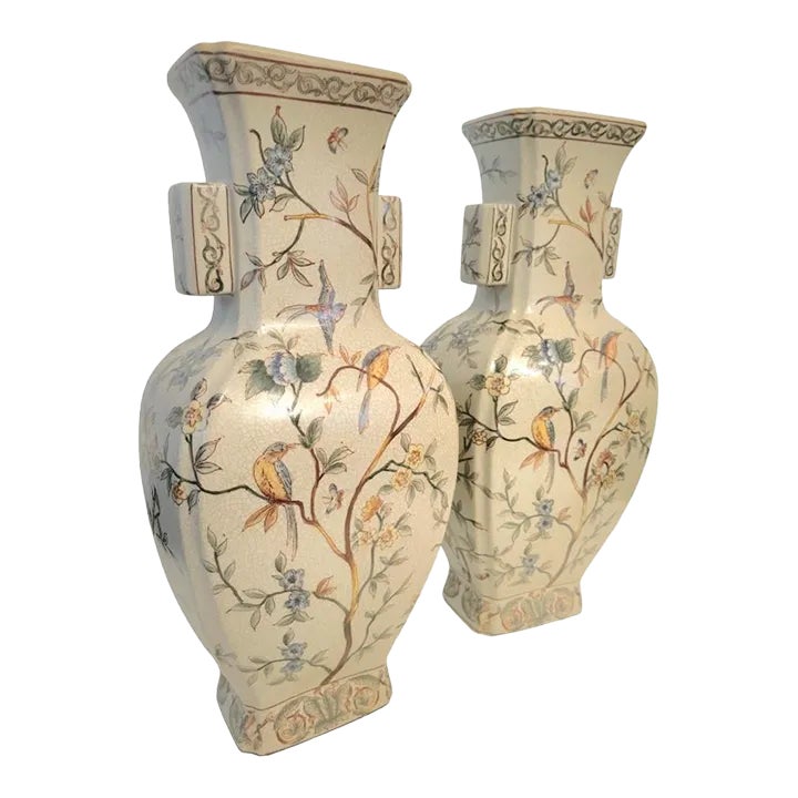 Vintage Large Chinoiserie Ceramic Bird Floral Traditional Vases- a Pair ...