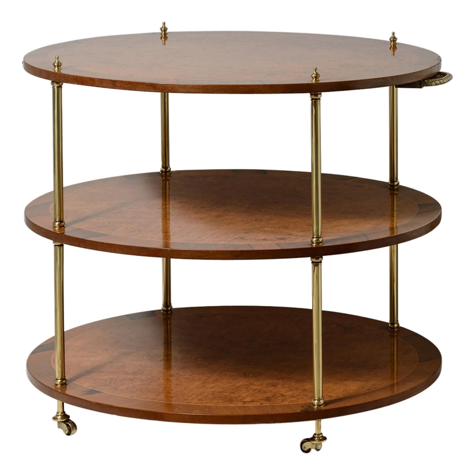 Italian 3 Tier Oval End Table on Casters in Burl Wood & Brass | Chairish
