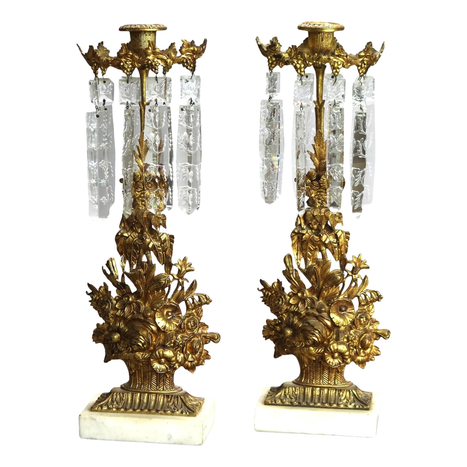 Pair of Antique Gilt Bronze, Marble & Cut Crystal Floral Form ...