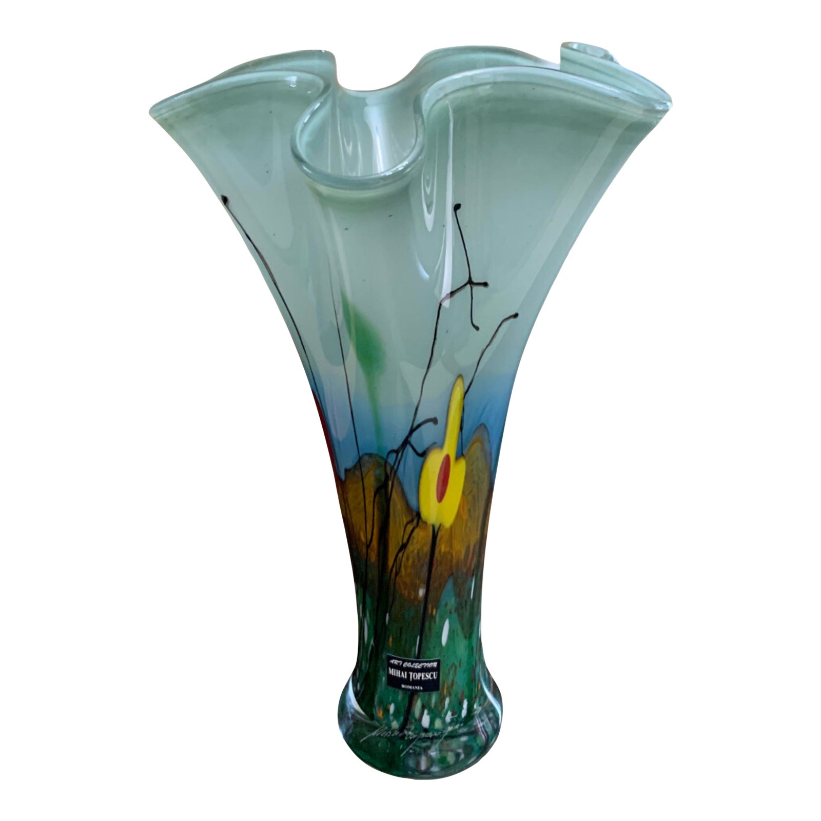 Vintage Mihai Topescu Art Glass Floral Landscape Vase | Chairish