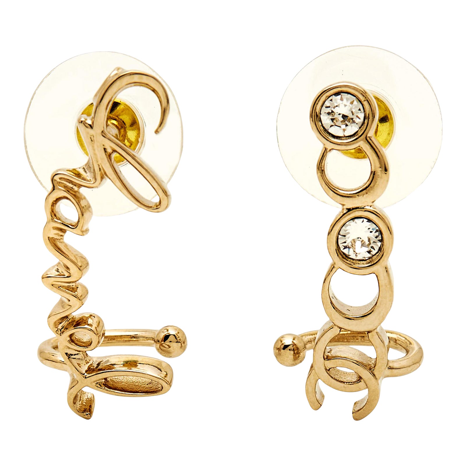 Chanel Coco Script Crystal Gold Tone Climber Earrings - 2 Pieces | Chairish
