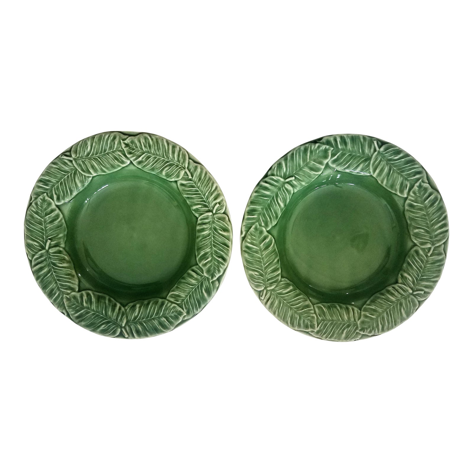 1950's Vintage Portugese Hand Made Green Leaf Plates- A Pair | Chairish