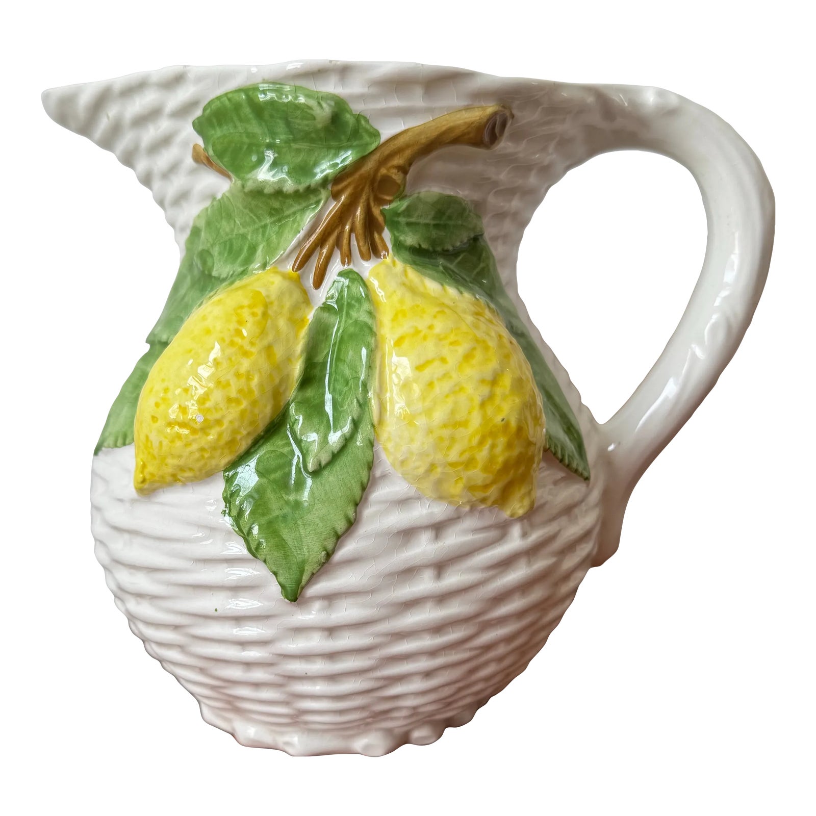 Italian Vintage Ceramic Faux Wicker and Lemon Pitcher | Chairish