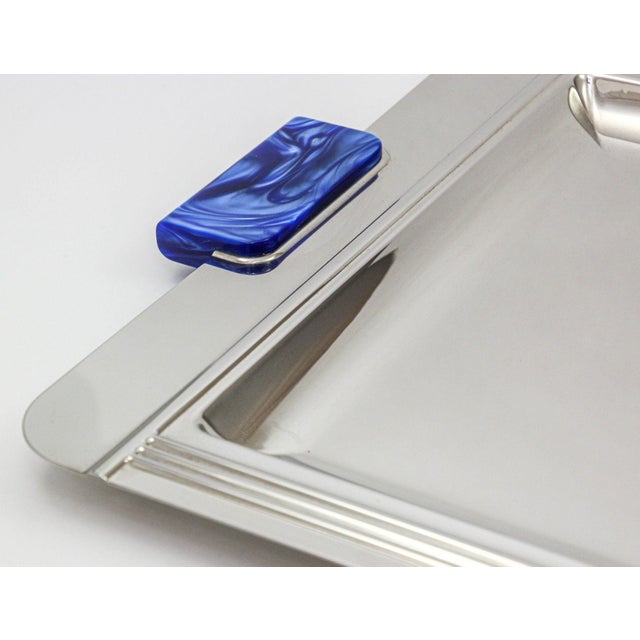 French Art Deco Jean Couzon Stainless Serving Tray With Marbled Blue ...
