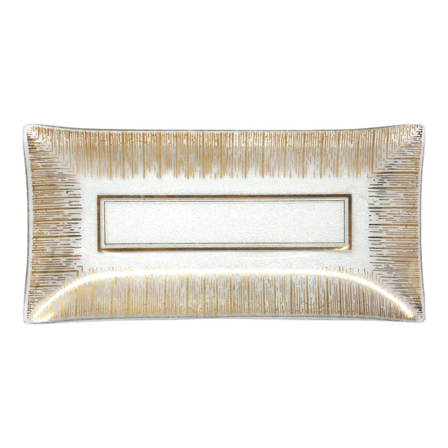 Mid-Century Rectangular Glass Bowl With Gold Lines Motif | Chairish