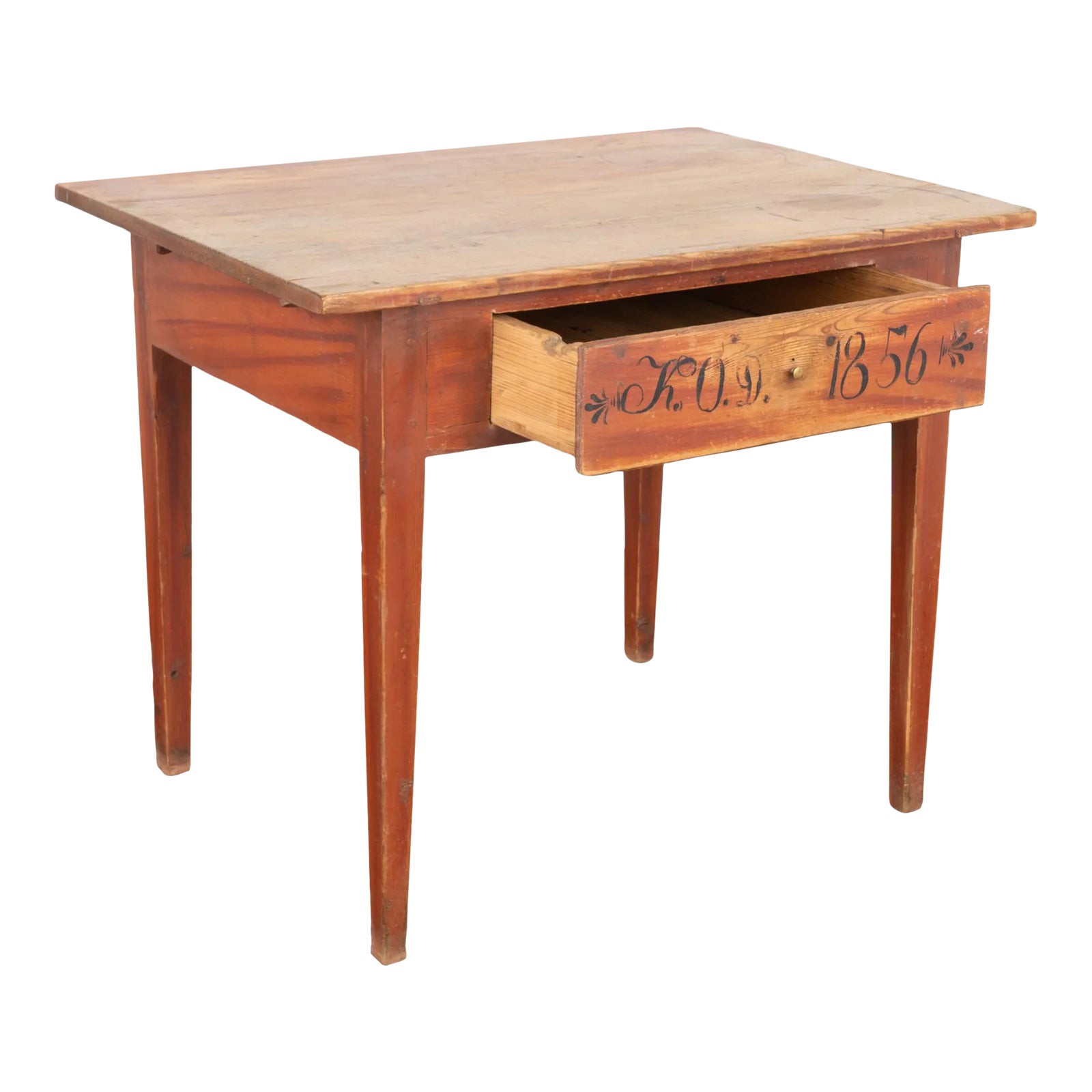 Original Red Painted Side Table With Drawer, Sweden Dated 1856 | Chairish