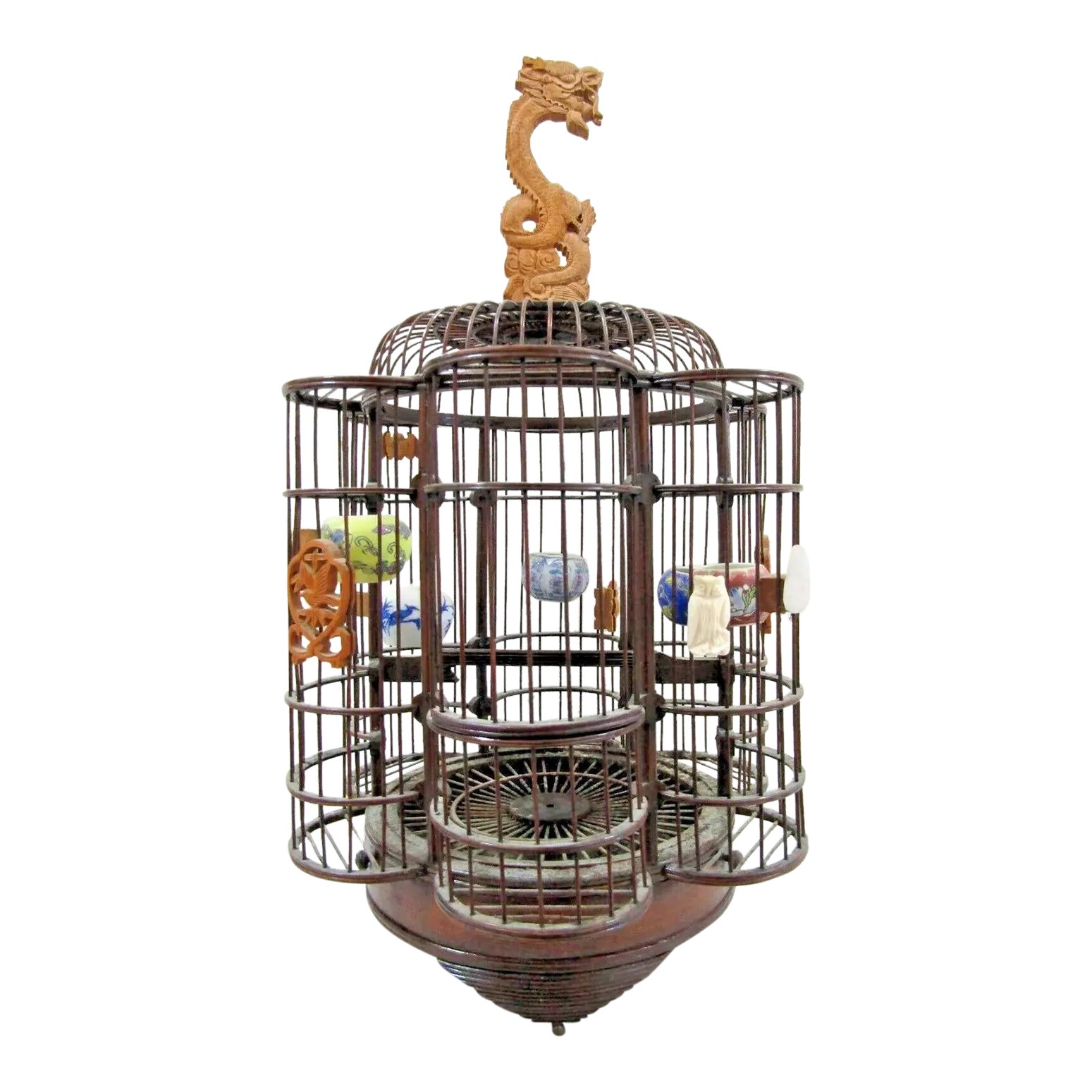 Antique Chinese Birdcage With Porcelain Waterpots, Circa 1850's | Chairish