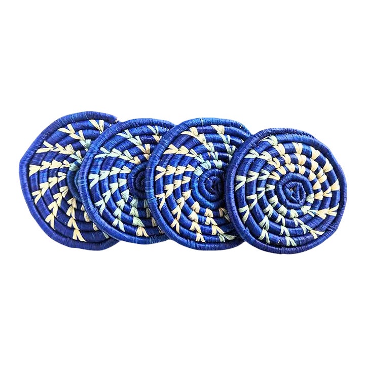 Blue Woven Raffia Drink Coasters- Set of 4 | Chairish