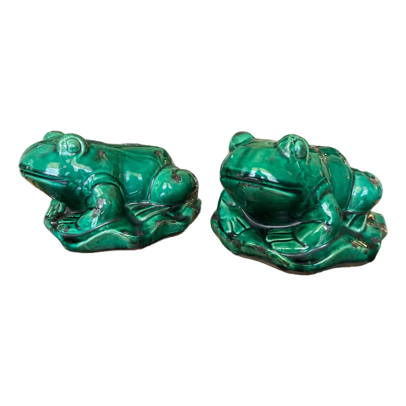 Vintage Glazed Green Ceramic Frogs on Lily Pad Bases Figural Statues ...