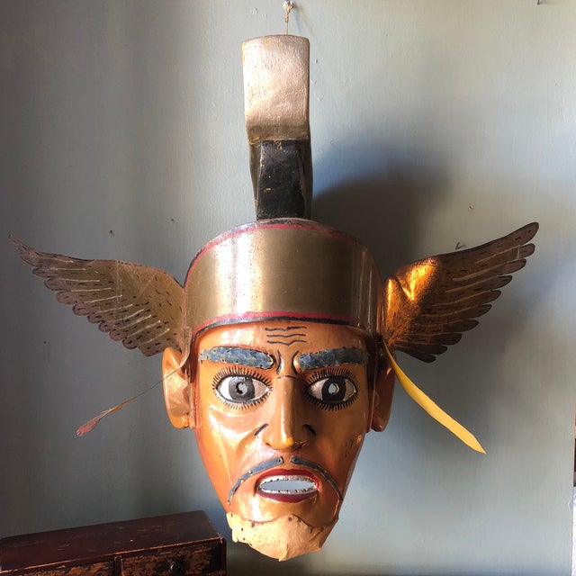 Filipino Ceremonial Brass and Wooden Winged Mask | Chairish