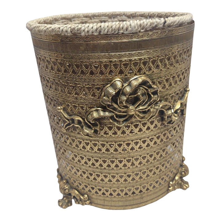 Late 20th Century Brass Trash Can With Woven Insert Claw Feet | Chairish