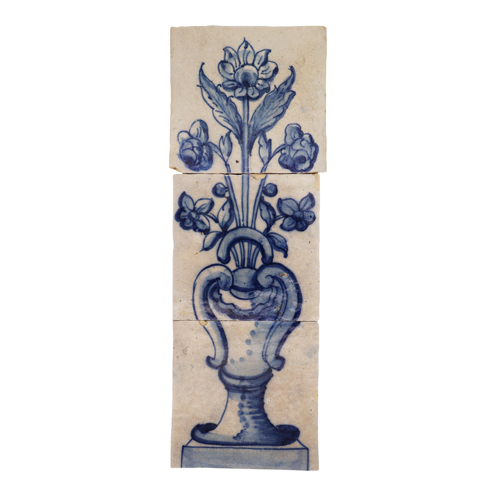 18th Century Baroque Set of Three Tiles Depicting a Flower Vase | Chairish