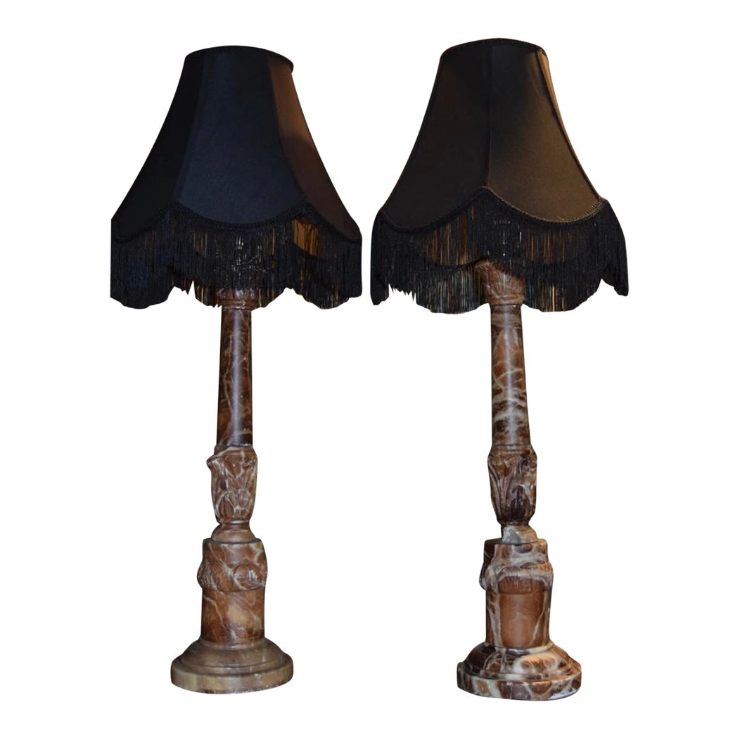 Pair of Carved Red Marble Column Lamps With Black Fringe Shades (Early ...
