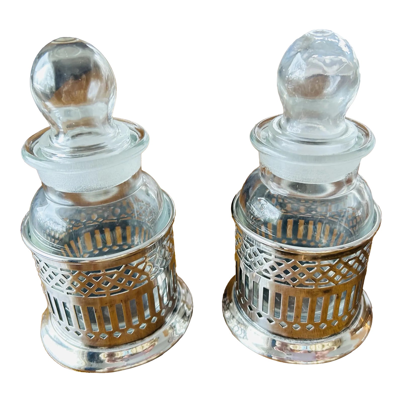 Pair of Vintage Wilcox Silver Bottles and Holders | Chairish