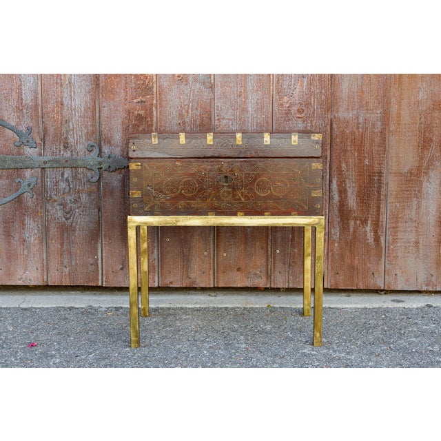 19th Century Brass Inlaid Cash Box on Stand | Chairish
