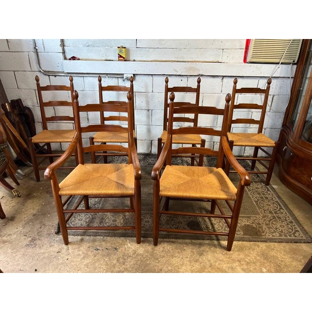 Late 20th Century Clore Furniture Set of 6 Shaker Style Walnut Rush Seat Ladder Back Dining Chairs Chairish