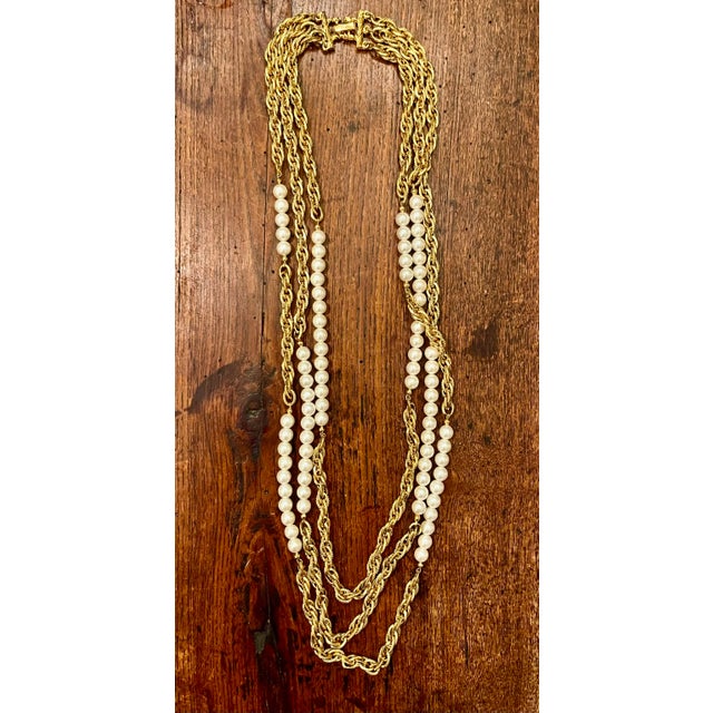 Vintage Chanel Look Triple Gold Chain and Faux Pearl Necklace | Chairish