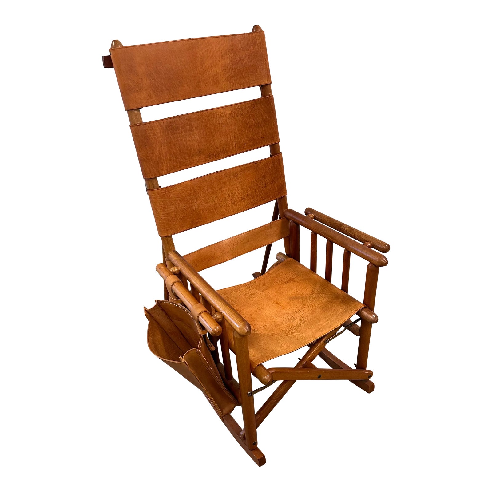 Mid 20th Century Campaign Style Teak Brown Leather Folding Rocker ...