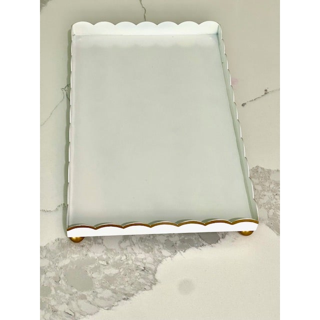 Rectangular White Tole Tray With Gold Scallop Edge | Chairish