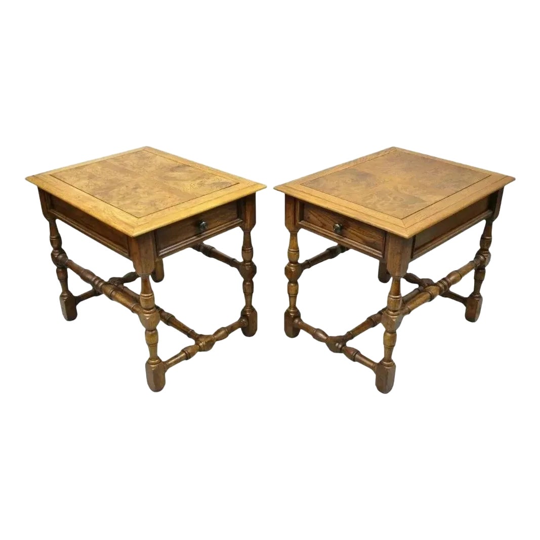 Hekman French Country English Jacobean Oak Burlwood Lamp End Tables - A ...