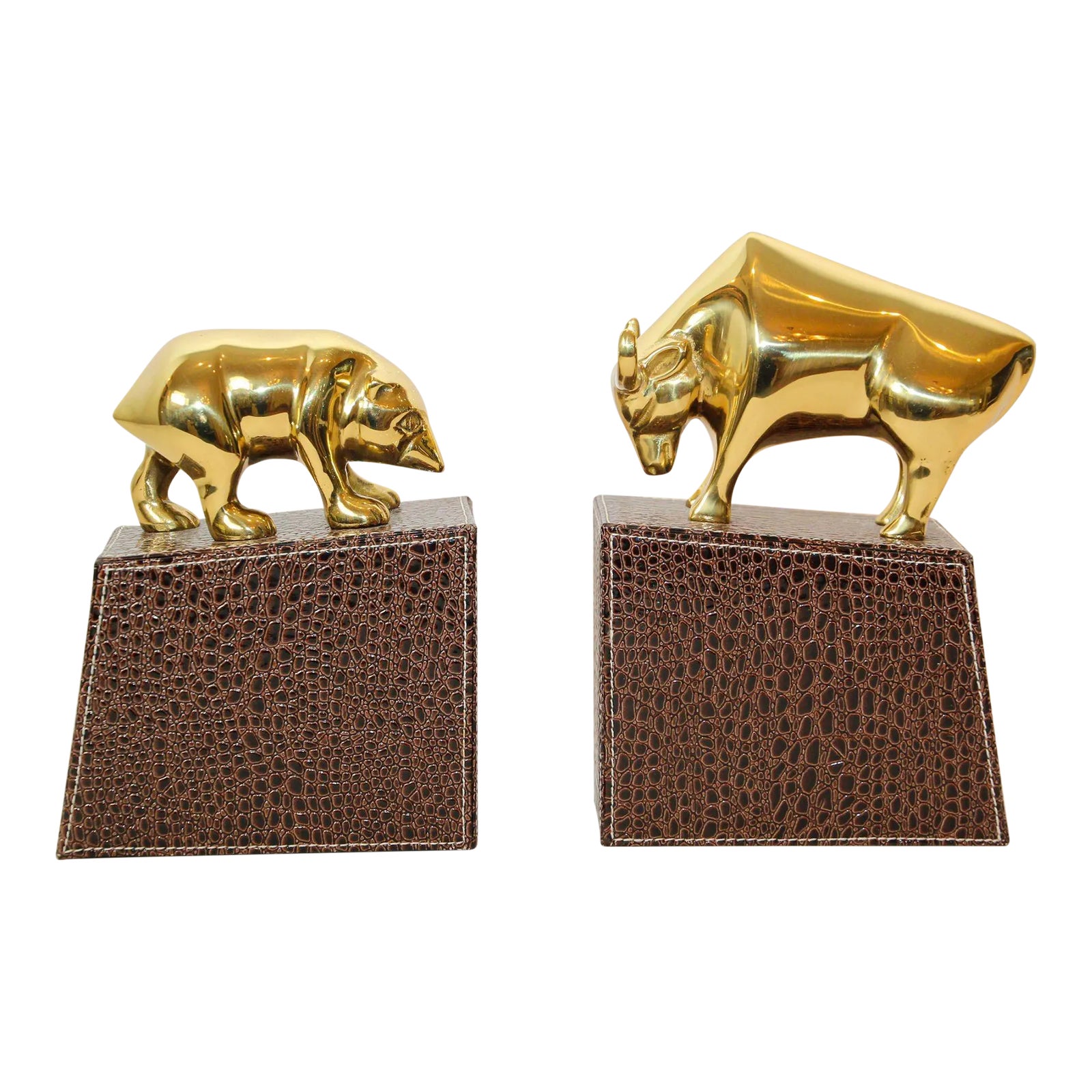 Polished Brass Bull and Bear Bookends Paperweights Wall Street | Chairish