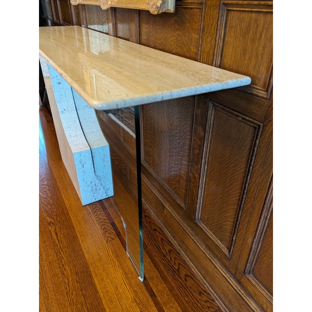 1980s Sculptural Travertine Marble & Glass Console Table | Chairish