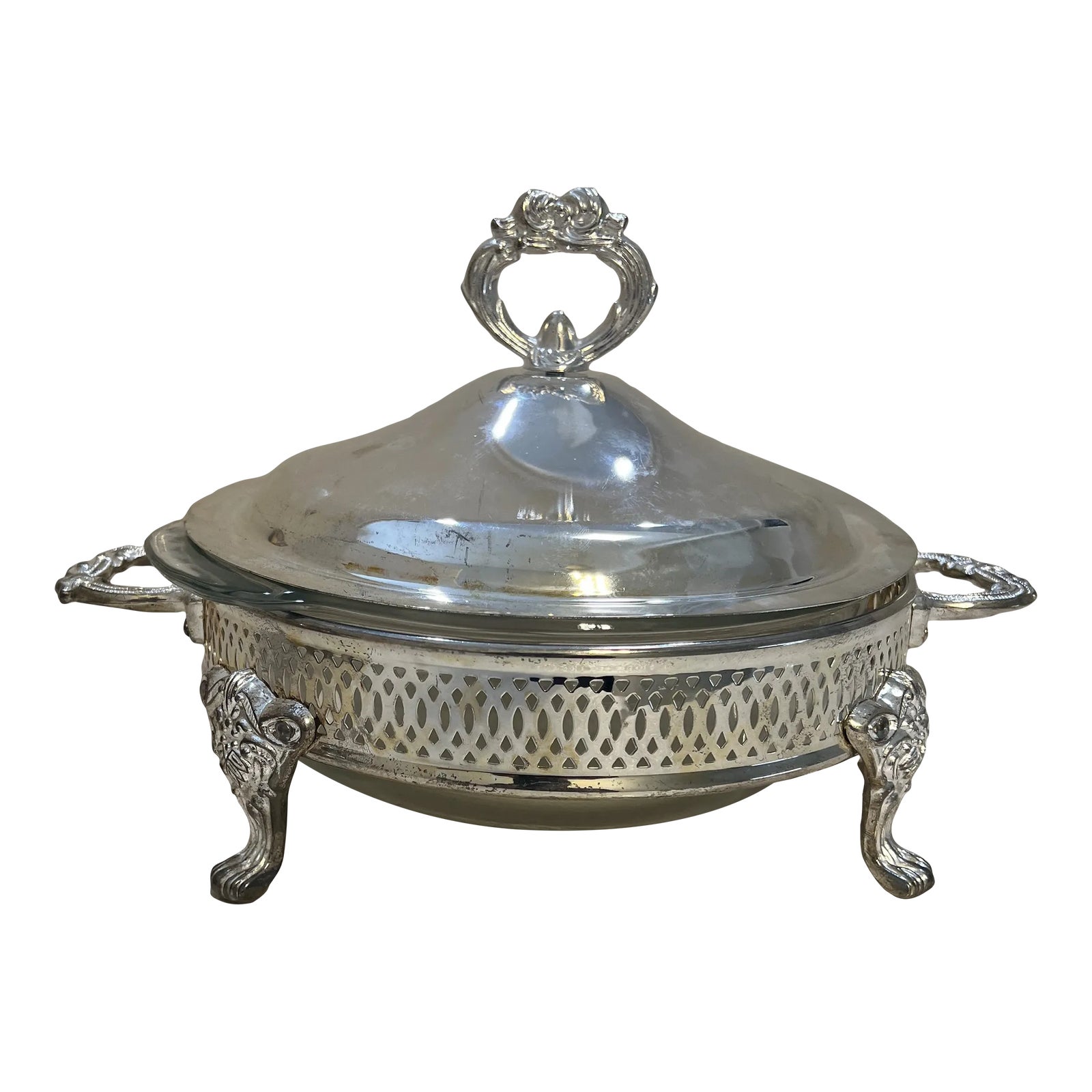 Mid-Century Three Footed Silver Plated Covered Chafing Dish Casserole ...