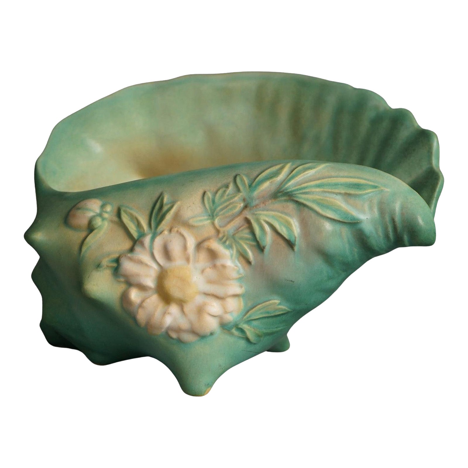 Roseville Art Pottery Conch Shell, Peony in Green, Circa 1942 | Chairish
