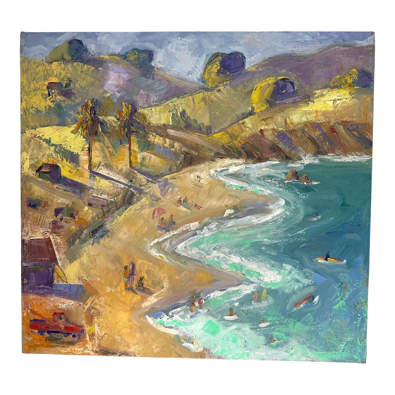 Original Expressionist California Oil Painting of a Beach with Surfers ...