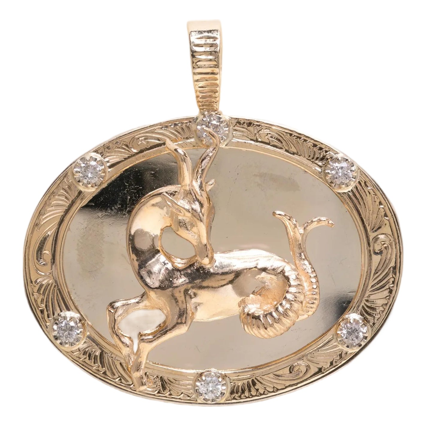 Vintage Capricorn Zodiac Diamond Oval Pendant 14k Gold | Chairish