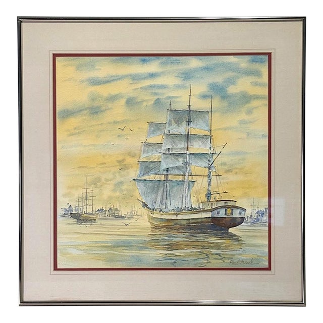 Original Watercolor Schooner Under Sail Leaving Harbour, Paul Ashack ...