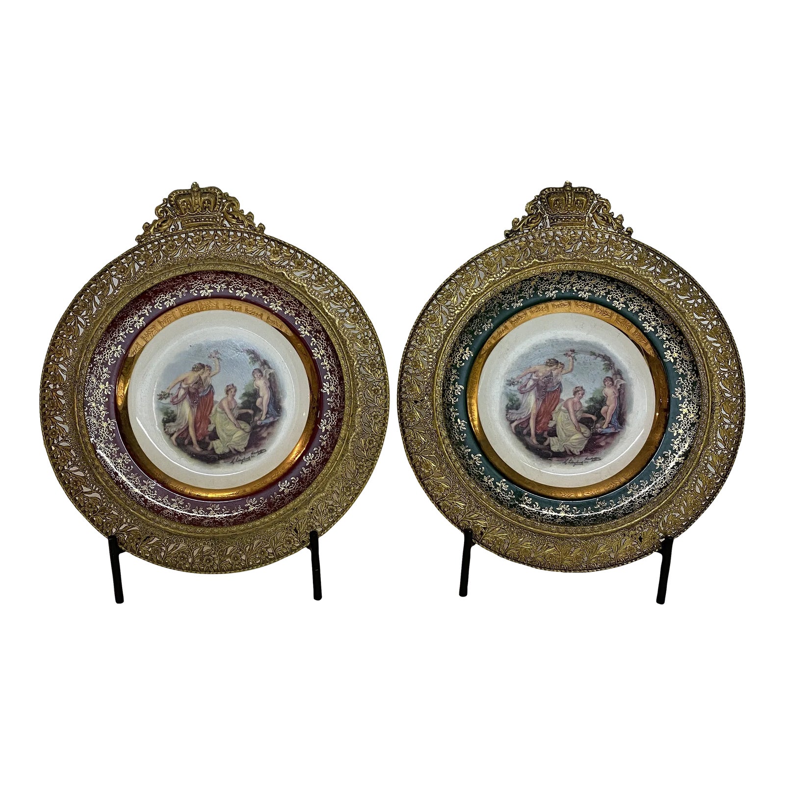Antique European Pictorial Pair of Porcelain Plates With Golden Frame ...