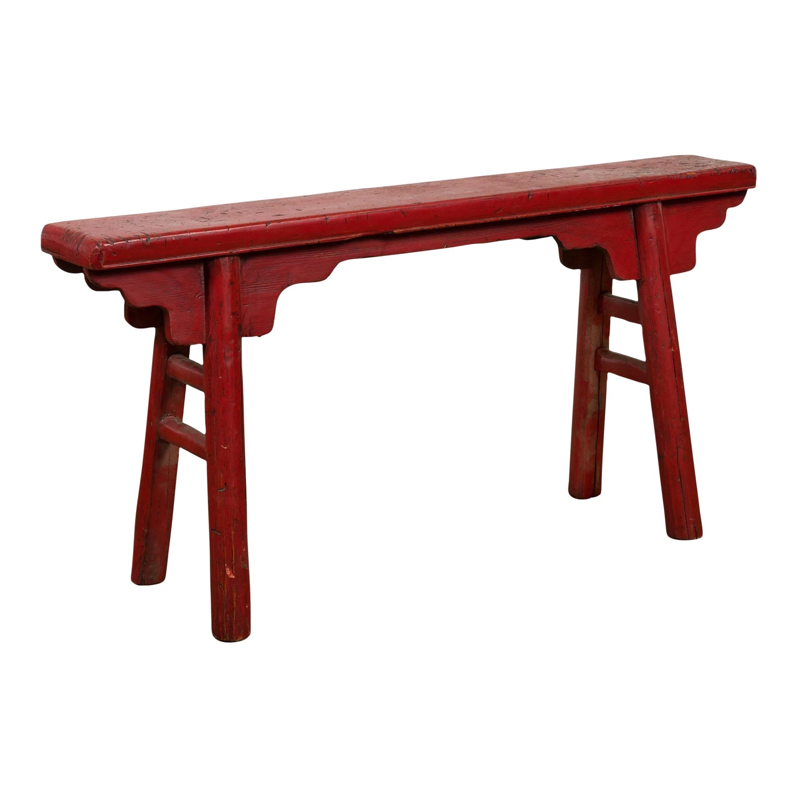 Vintage Red Lacquered Bench with A-Form Base | Chairish