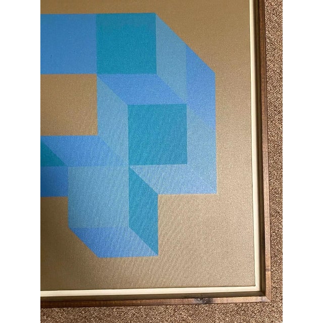 Vintage Op Art Blue Geometric Screenprint on Canvas Mid Century Modern ...