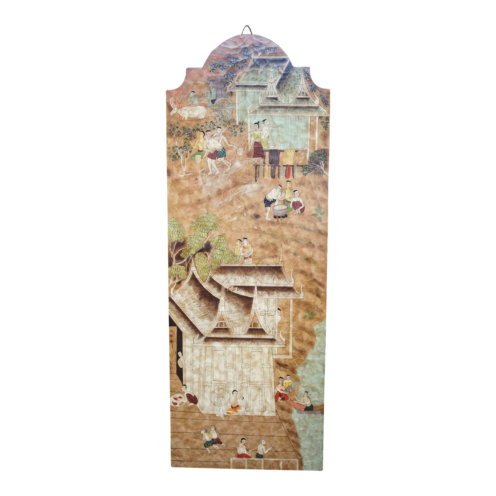 Vintage Lacquered Chinoiserie Painted Hanging Panel Pagoda Village ...