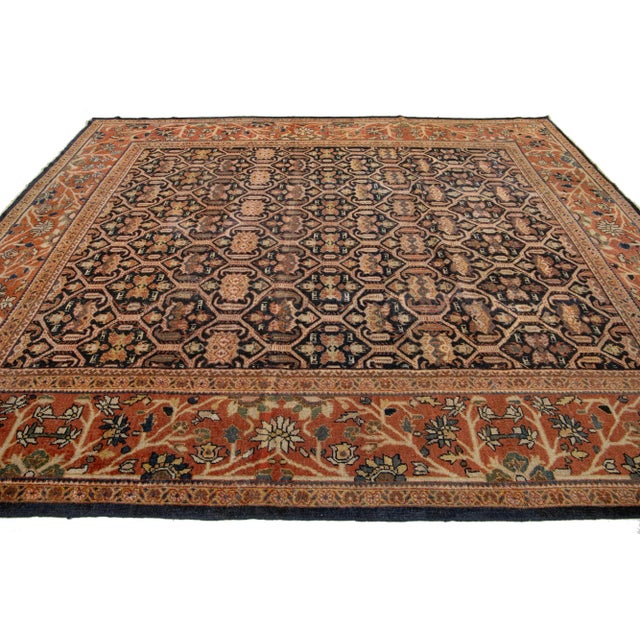 Antique Mahal Rust Handmade Persian Wool Rug With Allover Motif | Chairish
