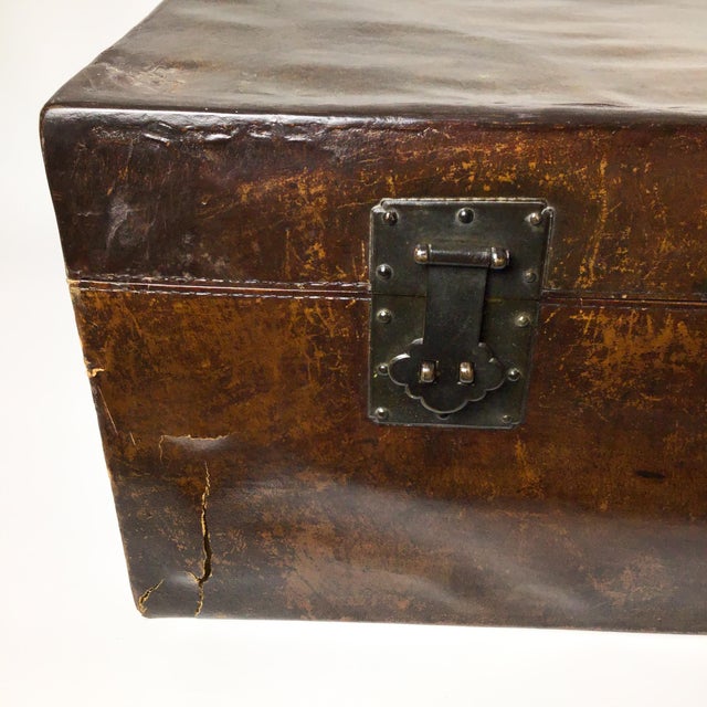 Antique Leather Covered Chinese Trunk | Chairish
